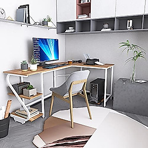 Weehom Reversible L Shaped Desk with Shelves Large Corner Computer Desks for Home Office Writing Workstation Wooden Desk Table, Walnut+White Leg