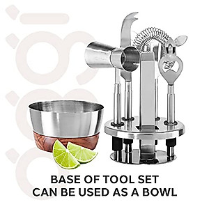 OGGI Modernist Stainless Steel Bar Tool Set w/Wood Accent- Ideal Bar Accessories, Cocktail Set, Bar Set, Bar Cart Décor; Includes Bar Knife, Ice Tongs, Drink Strainer, Double Jigger & Cap/Can Opener