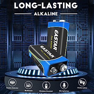 EASTAR BTS 9V Batteries - Alkaline 9 Volt Batteries (2 Pack) for Smoke Detectors, Long-Lasting Power for Low Drain Devices, 10 Year Shelf Life, All-Purpose Square Batteries 6LR61 for Household Office