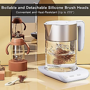 ePiiChua Silicone Bottle Brush Set with Stand, 360° Rotating Silicone Bottle Cleaning Brush Cleaner Set, Long Handle 3 in 1 Multipurpose Silicone Baby Bottle Gap Cap Cleaner Brush (Orange)