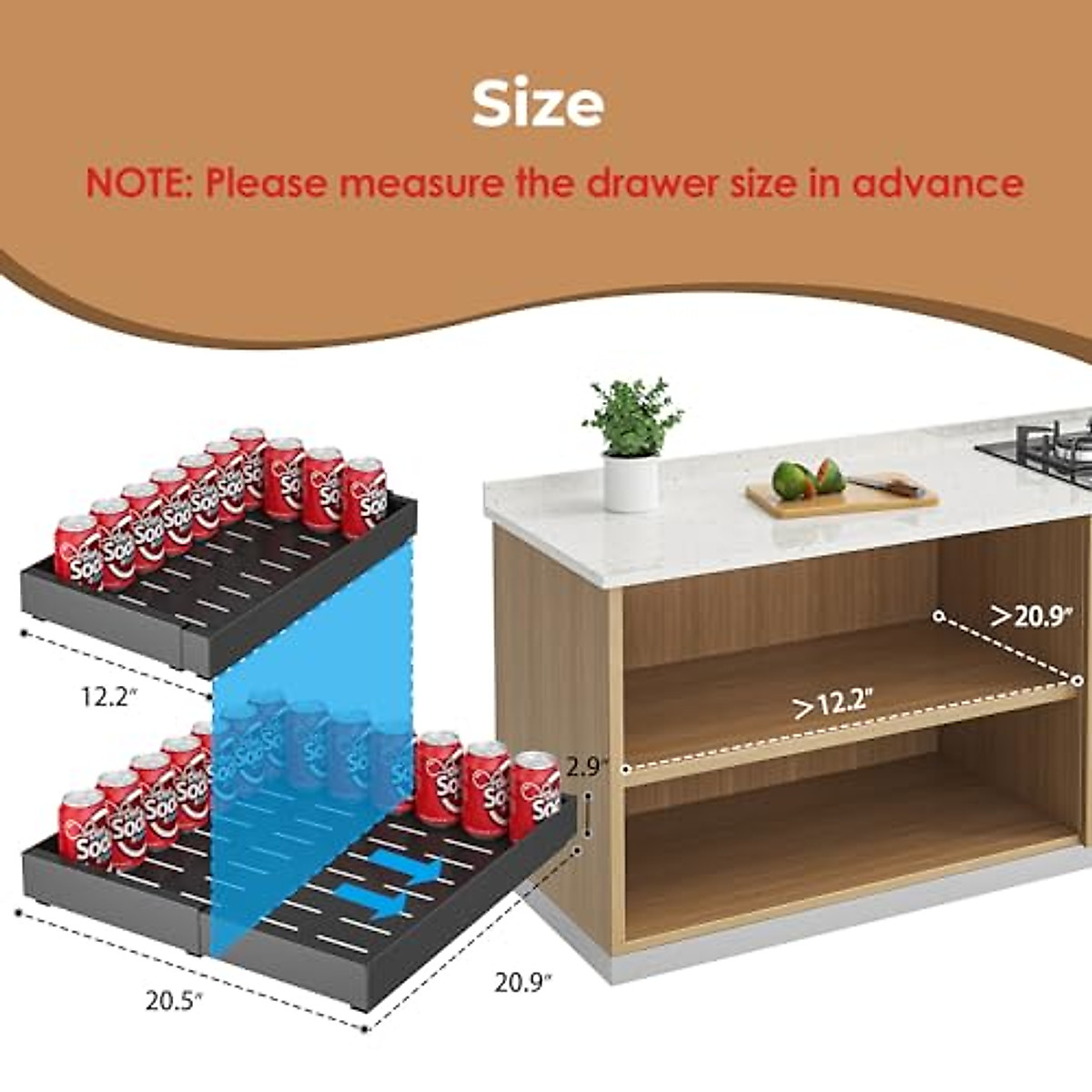 Pull Out Cabinet Organizer, 1PC 21" Deep Expandable (12.2"-20") Heavy Duty Pull Out Drawers for Cabinets Fixed with Adhesive Film, Peel Stick Slide Out Drawers for Kitchen Pantry, No Screw, Black