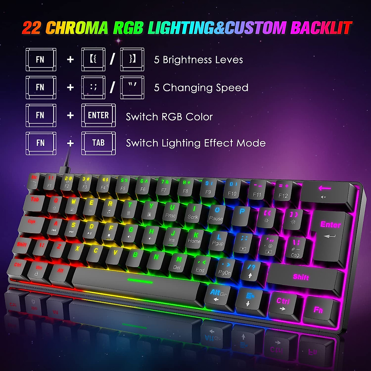 SELORSS Mini 60% Wired Mechanical Gaming Keyboard,22 RGB Chroma Backlit, Compact 62 Full Anti-ghosting Keys, USB C Cable,Replaceable Keycaps,Tactile Switch for Gamer/Typist/Xbox/PC/Win/Mac(Black)