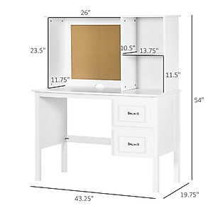 HOMCOM Computer Table with Storage Shelves, Home Office Desk with 2 Drawers, Cable Management Hole, Corkboard - White