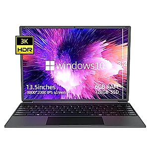 Windows 10 Laptop, 13.5" 3K (3000 x 2000) 3:2 IPS Display Celeron N4020 Quad Core, 6GB RAM 128GB SSD, Mini & Light Notebook PC, Backlit Keyboard, Webcam, Type C, Finger Print, Office, Gray