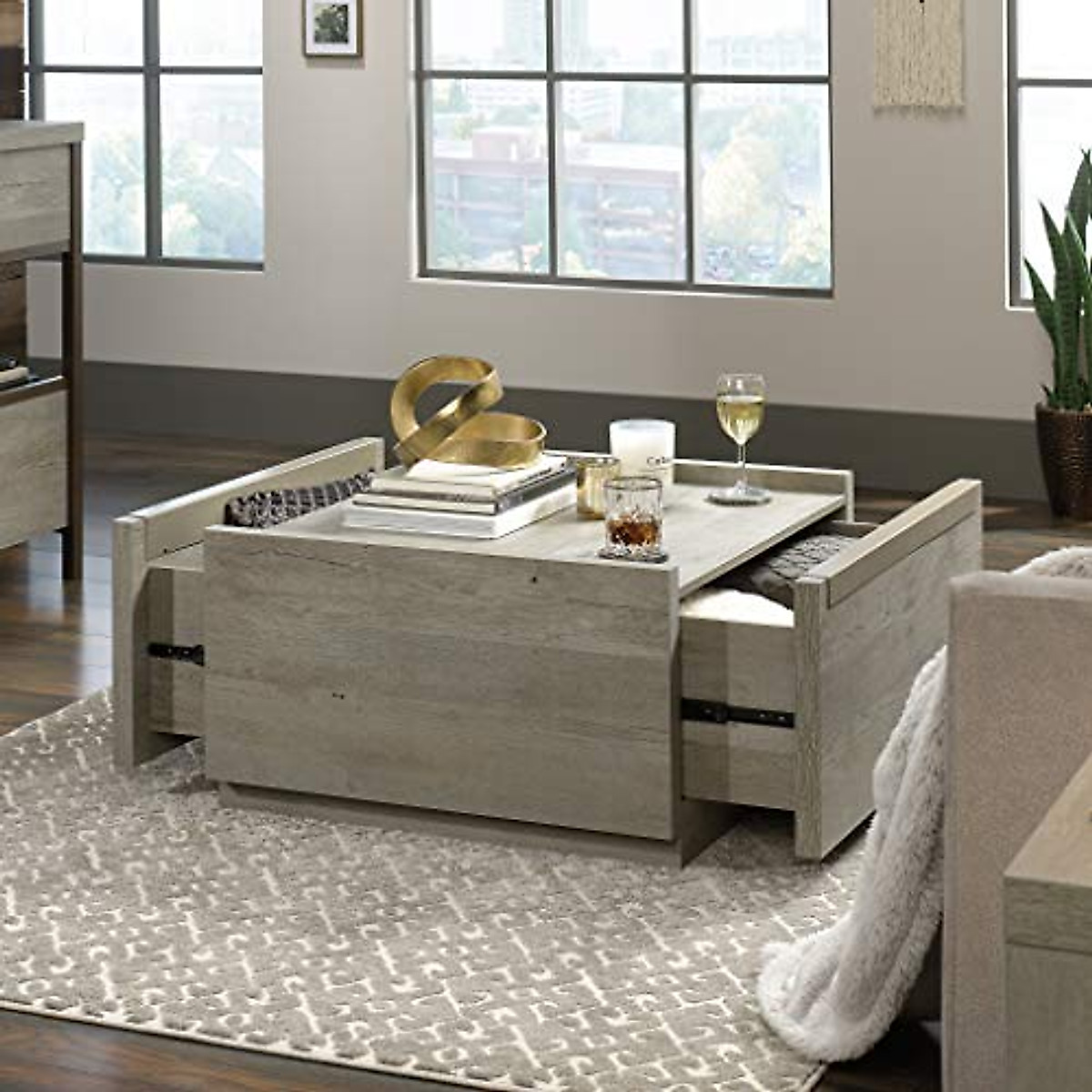 Sauder Manhattan Gate Coffee Table, L: 31.02" x W: 30.95" x H: 16.06", Mystic Oak finish