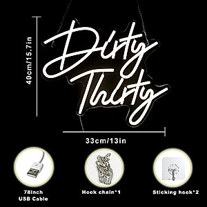 GUAN-O Dirty Thirty Neon Sign Led Wall Neon Signs 30 Birthday Party Neon Lights Dimmable Letters Night Light For Bedroom Home Bar Girls Room Club Pub Store Hotel Wall Decor USB Sign