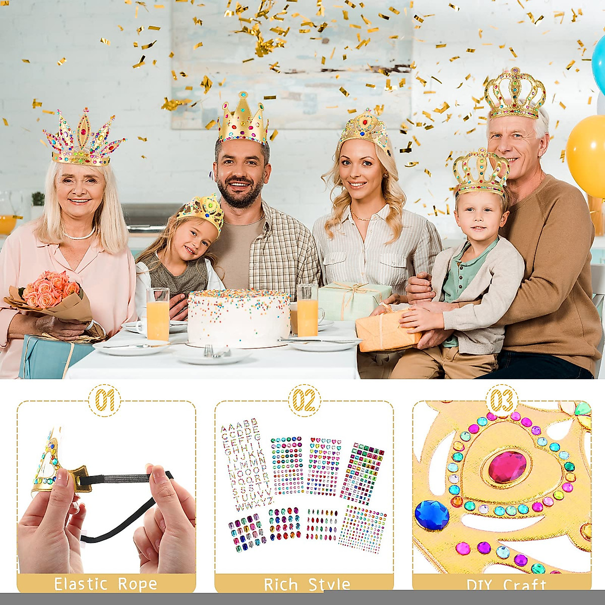 Civaner 17 Pcs Princess Party Crowns Set Princess Party Favors DIY Crown for Kids Supplies Tiaras Making Kit with Diamond Stickers Princess Party Supplies(Gold)