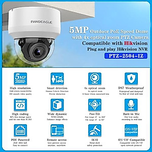 Compatible for Hikvision 5MP Outdoor PTZ PoE IP Dome Camera,4X Optical Zoom 16x Digital Zoom Pan/Tilt with164ft Night Visiont,Built-in Mic,IP67 Weatherproof,Motion Detection