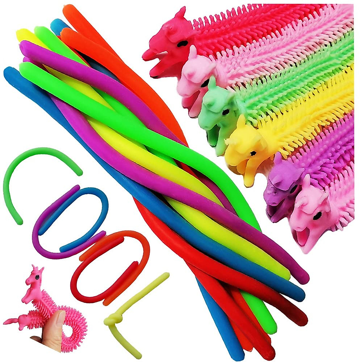 24 Packs Monkey Noodles,Stretching Strings,12 Pcs Unicorn Shaped,12 Pcs Noodle Shaped,Sensory Fidget Set, Stretching up to 4.3-6 feet length,monkey noodle fidget set,fidget noodles