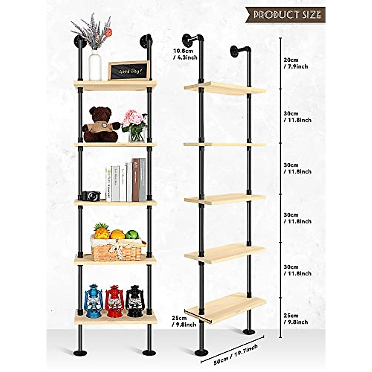 5 Tier Modern Bookcase Wall Mount Ladder Bookshelf Include Wood Planks Industrial Pipe Shelf Book Display Rack Metal Pipes and Wood Shelves Stand Black Corner Frame Bookcase (Natural Wood Board)