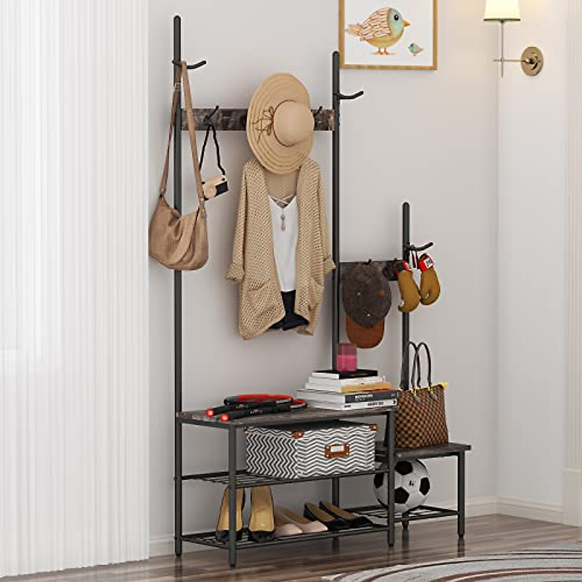 Parent-Child Hall Tree Coat Rack Shoe Bench Entryway Sturdy Shoe Rack Storage Shelf Organizer, 3-in-1 Functional Hall Tree Industrial Rustic Wood Metal Furniture for Entrance, Foyer, Mudroom
