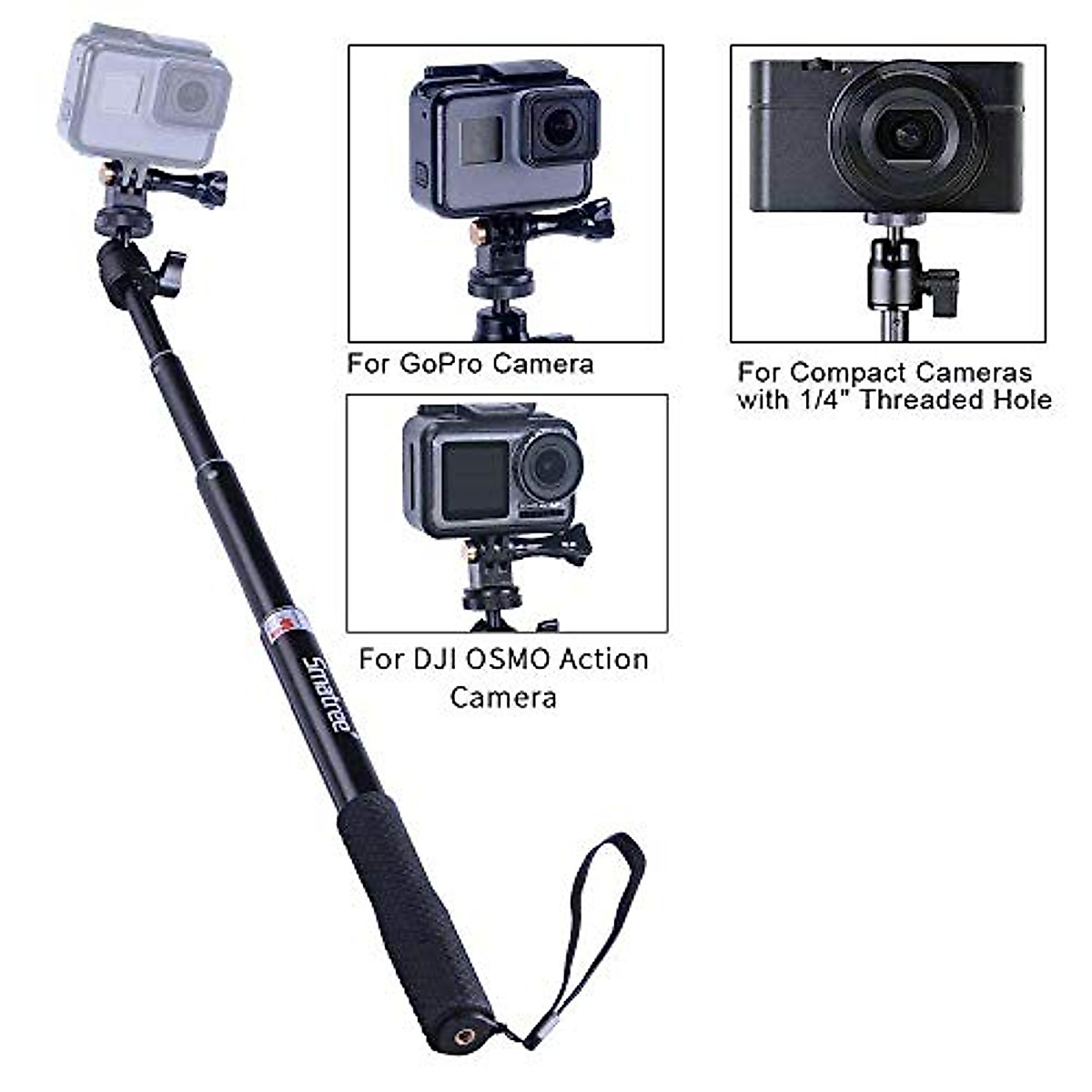 Smatree Extendable Aluminum Selfie Stick/Monopod Compatible for GoPro Hero 11/10/9/Max/8/7/6/5/4/3+/GOPRO Hero(2018)/Insta360 One/AKASO GeekPro SJCAM SJ4000 SJ5000, Action 2 Camera