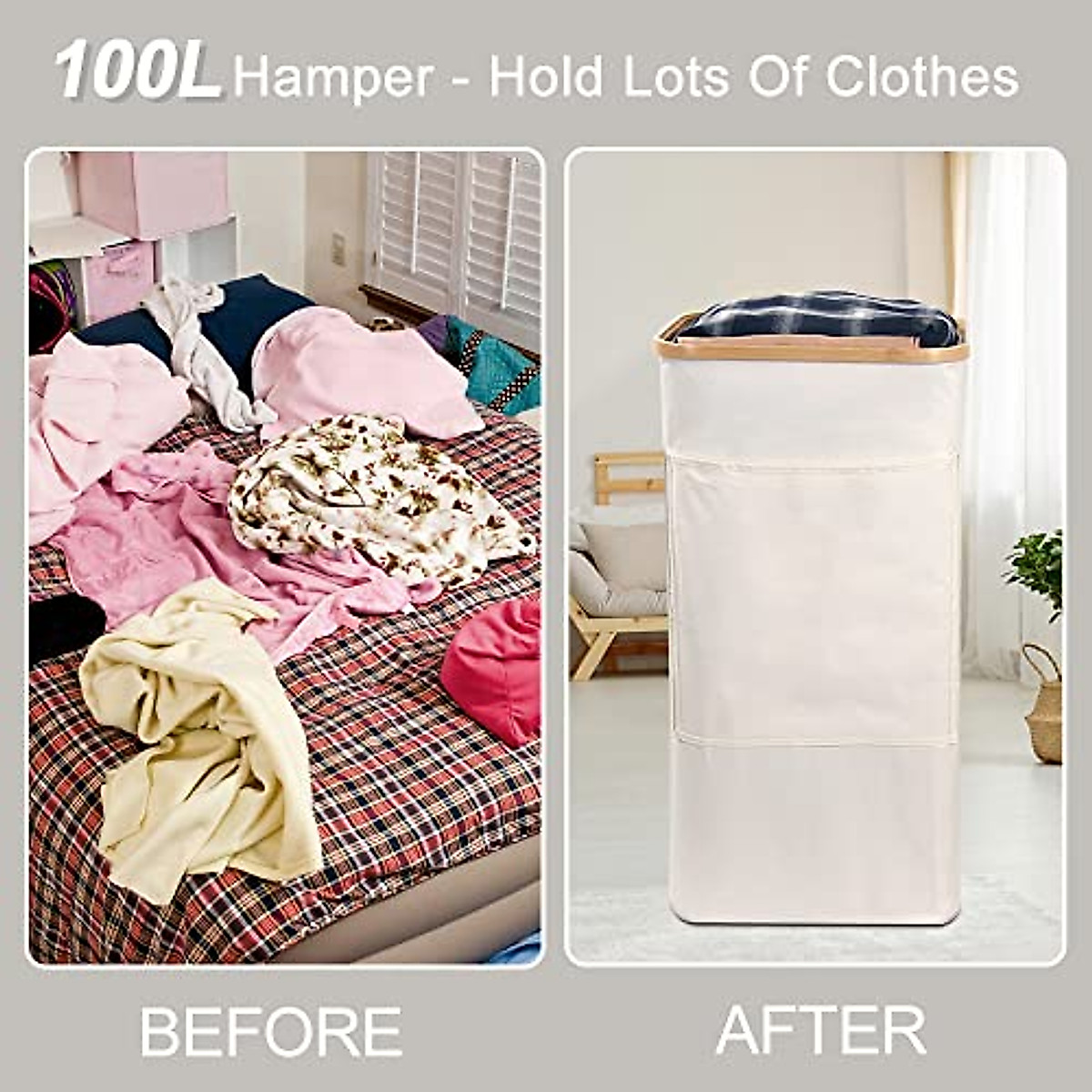 Laundry Baskets with lid, Laundry Hamper with Removable Waterproof Bag, Bamboo Handle Tall & Slim Wash Basket for Bathroom Bedroom Closet Dorm, Essential Dirty Clothes Hamper for Men Boy New Mum