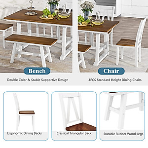 GLORHOME 6-Piece Farmhouse Style Wood Kitchen Table Set with Long Bench and 4 Dining Chairs,Walnut+White