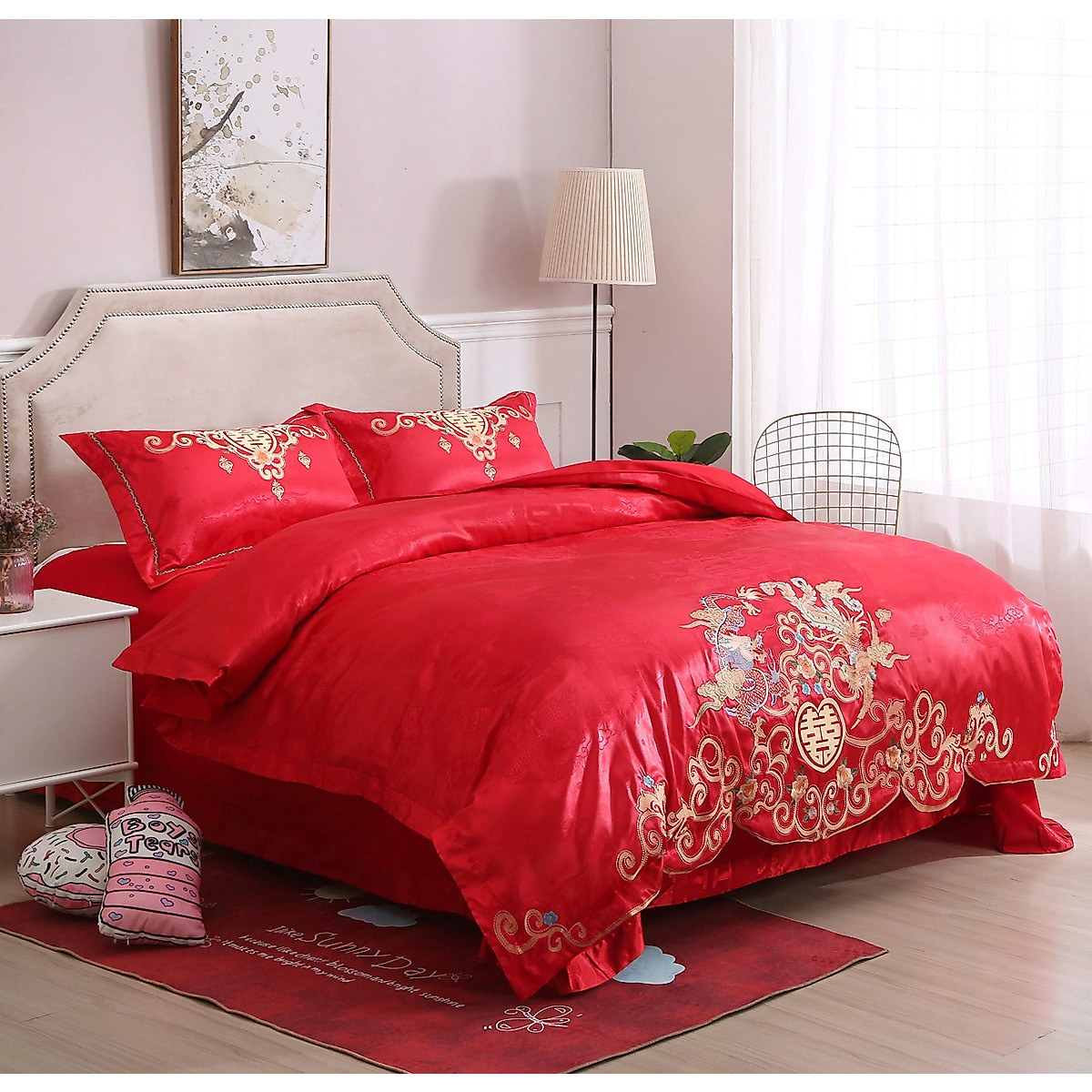 I-MART King Size Chinese Wedding Red Bedding Set, Asian Bedding with Dragon and Phoenix Bird Embroidery Duvet Cover Set of 4