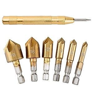 PAGOW Countersink Drill Bit Set- 7 Pcs Counter Sinker Drill Bits for Wood, Quick Change, 1/4'' Hex Shank, High Speed Steel, 6 Flute 90 Degree Center Punch Tool, 1/4''-3/4''