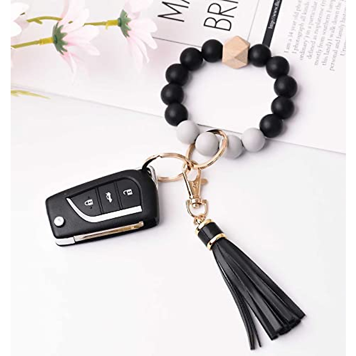 BAOSIWA Women Silicone Keychain Bracelet Beaded Wristlet Key Ring Black Bangle Chains with Leather Tassel