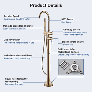 Brushed Gold Freestanding Bathtub Faucet with Hand Shower Tub Filler Faucet Floor Mounted High Flow Single Handle Bath Filler Solid Brass