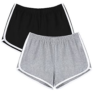 URATOT Women's Cotton Shorts Gym Shorts Yoga Shorts Summer Running Active Shorts Dance Elastic Shorts, Pack of 2 Black, Light Gray