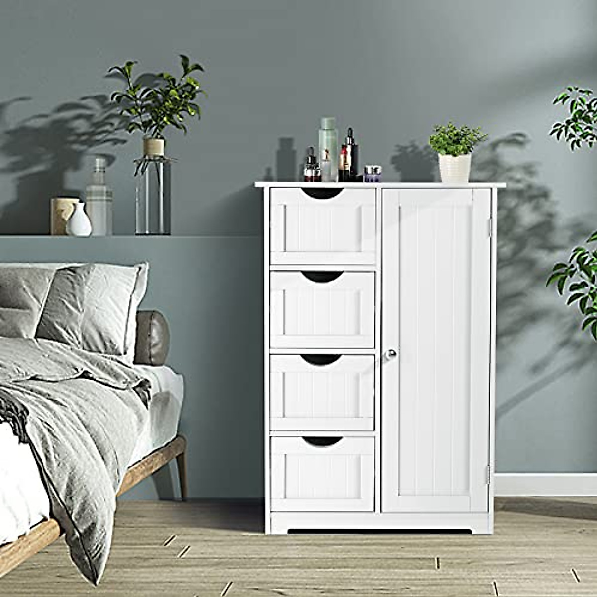 Bonnlo Small Bathroom Floor Cabinet Kitchen Storage Organizer Free Standing Bathroom Towel Cabinet Wooden Linen Entryway Storage Unit with 4 Drawers and 1 Cupboard Home Decor Furniture (White)