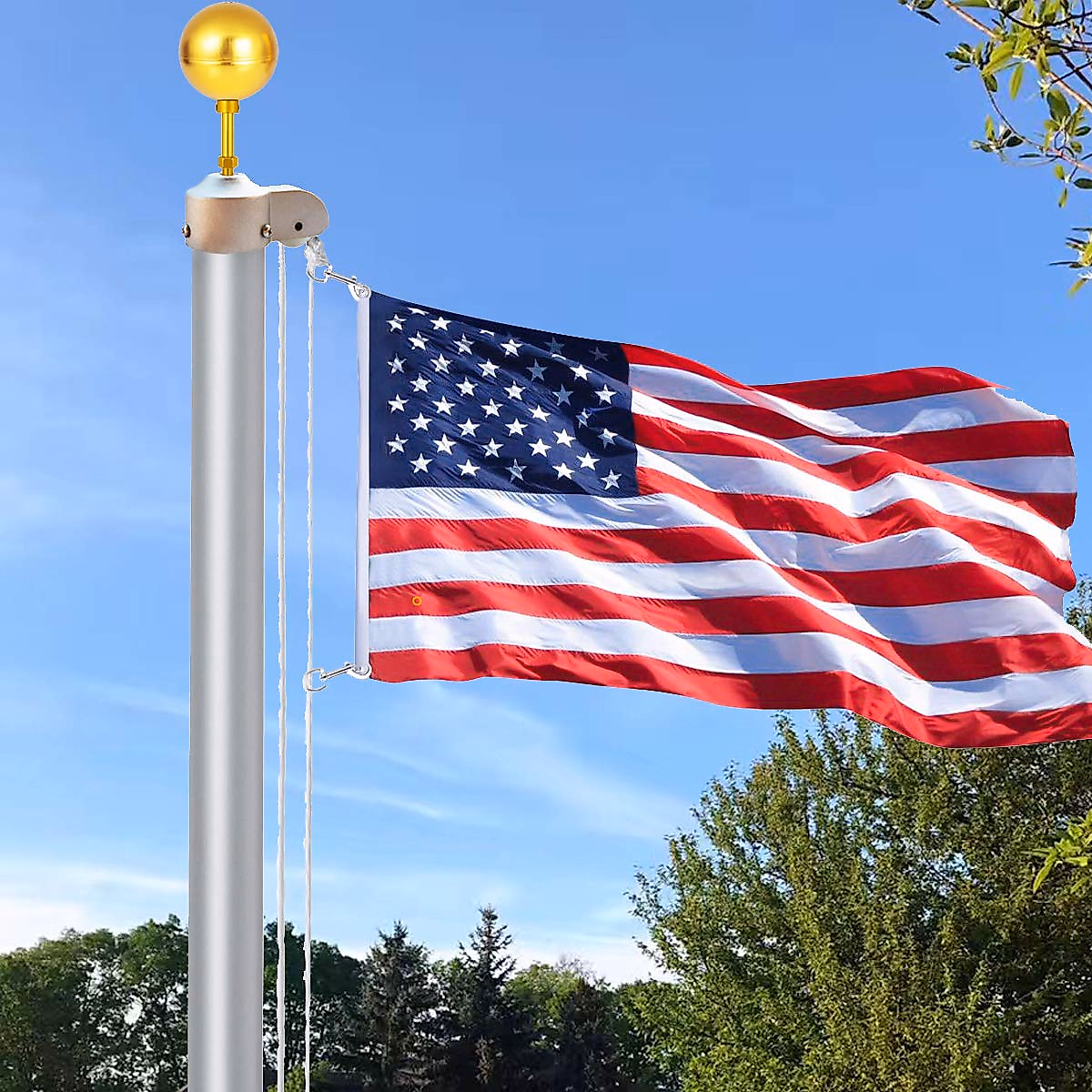 EKEV Flag Pole Hardware Parts Repair Kits - 3" Topper Gold Ball + 50 Ft Halyard Rope + 6" Cleat Hook + 4 Flag Swivel Snap Hooks + Flagpole Pulley Truck for 2" OD Tube