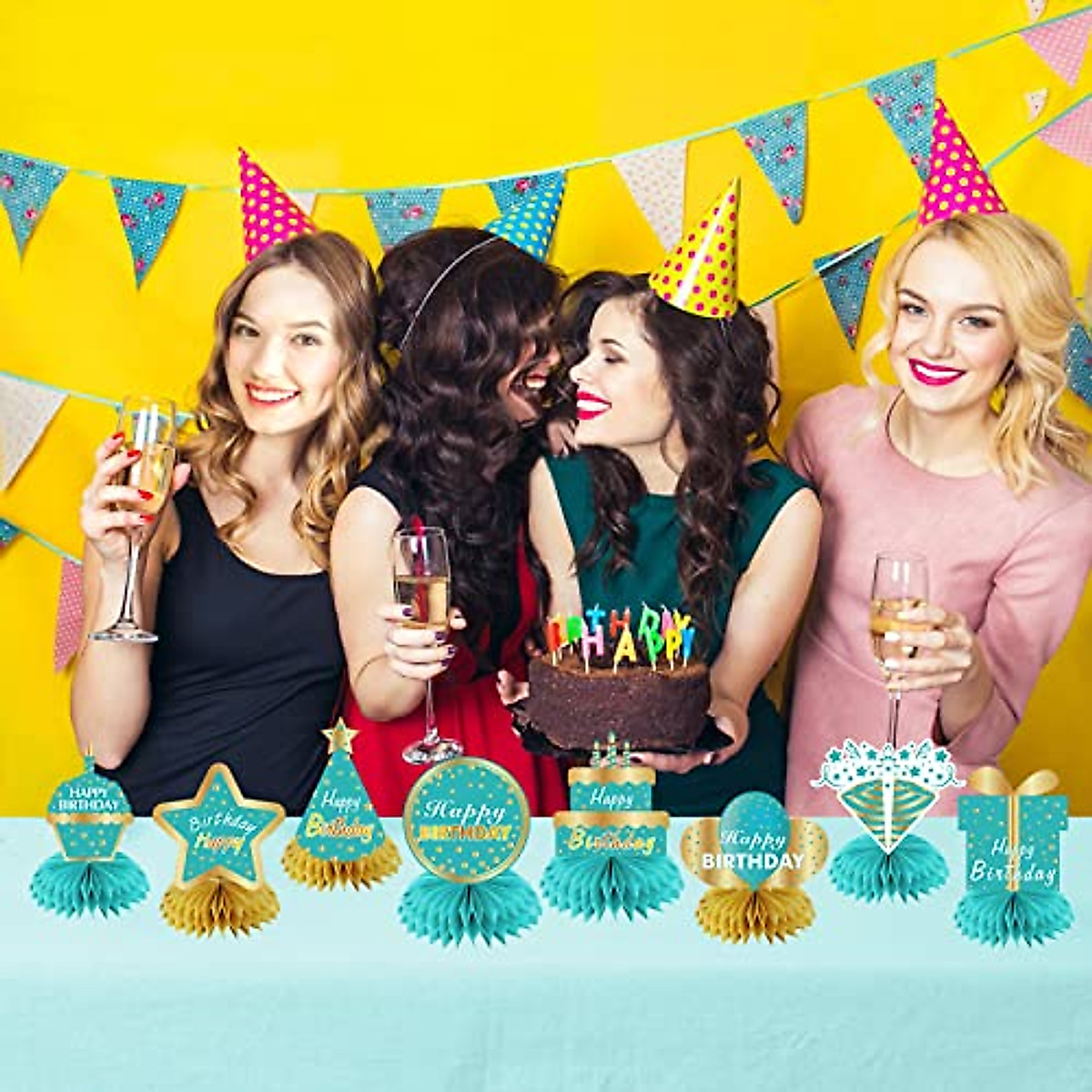 Teal and Gold Birthday Decorations Honeycomb Centerpiece for Women Girls, 8Pcs Breakfast Blue Gold Happy Birthday Table Centerpiece Party Supplies, 16th 21st 30th 40th 50th Birthday Table Topper Decor