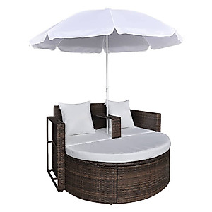 QZZCED Patio Bed with Parasol,Pool Lounge Chairs,Outdoor Chaise Lounge,Patio Lounge Chair,Outdoor Furniture,Outdoor Garden Chair,for Pool Side,Balcony,Beach,Yard, Brown Poly Rattan