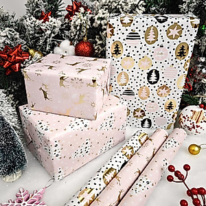 LDGOOAEL Mini Short Small Christmas Wrapping Paper Roll with Cut Lines on Reverse (17" X 120" Per Roll) - Pink Gift Wrap with Christmas Deer&Tree Design for Holiday, Birthday, Wedding, Baby Shower
