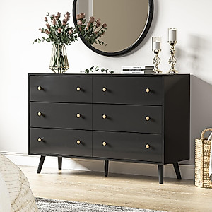 HOUROM Black Dresser for Bedroom, Modern 6 Drawer Double Dressers with Gold Handles, Wood Chest of Drawers for Living Room, Hallway, Entryway