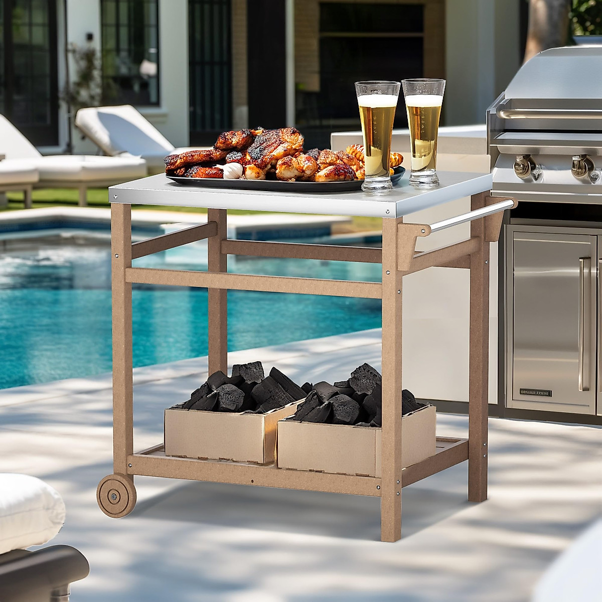 TORVA Outdoor Prep Grill Carts, 303 Stainless Steel Tabletop with High Load Capacity Portable BBQ Table, HDPE Durable Frame 2-Tier Storage Cart, Wood