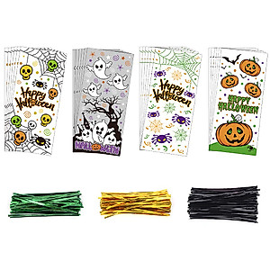 STEFORD Halloween Cellophane Bags,200PCS Clear Candy Cookie Treat Bags with 400 Piece Twist Ties for Halloween Party Favor Supplies