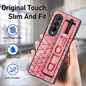 Omio Designed for Samsung Galaxy Z Fold 3 Leather Case with S Pen Holder & Strap, Wrist Strap Leather Back Cover Case Hard PC Shockproof Finger Grip Case for Galaxy Z Fold 3 Men Women Girls, Pink