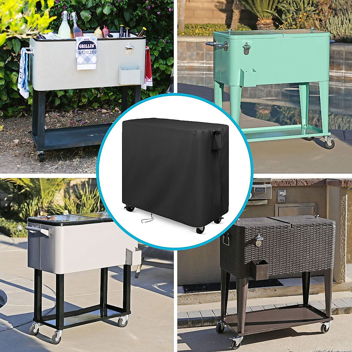 Kingling Cooler Cart Cover Fits 65-80 Quqrt Cooler Cart, Waterproof Patio Party Rolling Ice Chest with Wheels Outdoor Cooler Cart Cover Black - 32''L x18''W x32''H