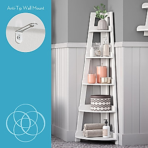 RiverRidge Amery 5-Tier Corner Ladder Shelf - Narrow Corner Shelf Maximizes Storage & Display in Small Spaces - White Open Shelving Design for Bathroom, Living Room, Office