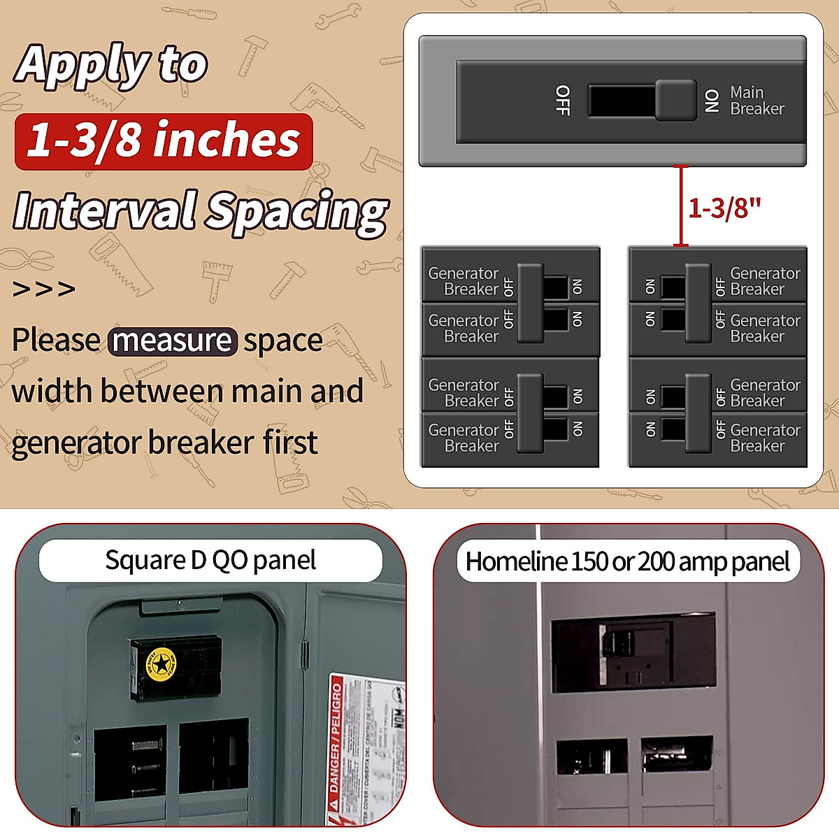 Generator Interlock Kit Compatible w/Square D QO & Homeline 150 or 200A Breaker Box, 1-3/8” Space on Main & Generator Circuit Panel, Safety Manual Lockout Transfer-Switch for Outdoor Portable Power