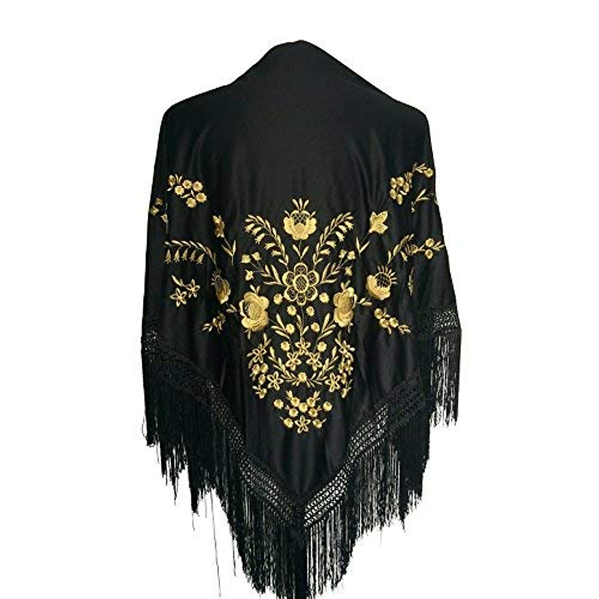 La Senorita Spanish Flamenco Dance Shawl Large Black with golden flowers Large