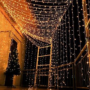 Magictec 300 LED Curtain String Light, 8 Lighting Modes Fairy Twinkle String Lights Wedding Party Home Garden Bedroom Outdoor Indoor Wall Decorations, Warm White