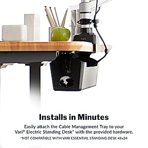 Vari Cable Management Tray - Under Desk Wire Management & Organization - Ideal for Home or Office Sit Stand Desks - Fits Electric Standing Desk 48x30, 60x30, 60x24, 72x30 - Easy Assembly (Black)