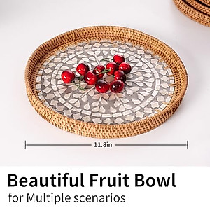 Tynulox 11.8" Rattan Tray with Mother of Pearl Inlay Wooden Base | Round Woven Wicker Tray | Coffee Table Tray for Storage Display Bread Fruit Breakfest