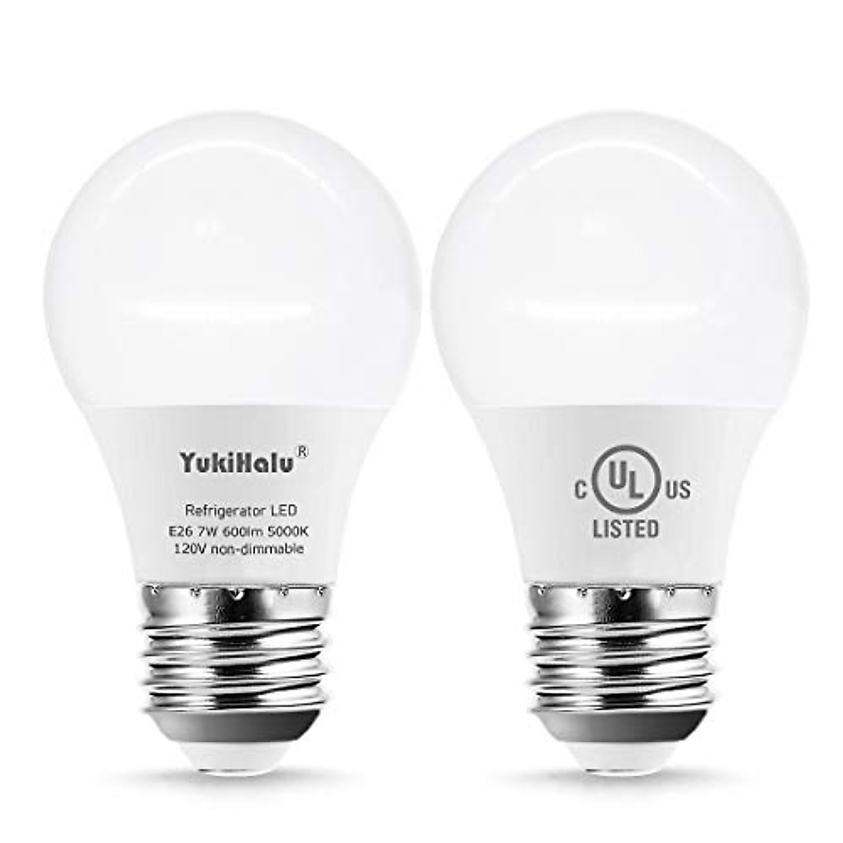 YukiHalu, LED Refrigerator Light Bulb 60W Equivalent A15 Appliance Fridge Bulbs, Waterproof 600 Lumen 7W 120V Daylight 5000K E26 Medium Base, Small Size Bulb for Damp Location, Not-Dim, 2-Pack