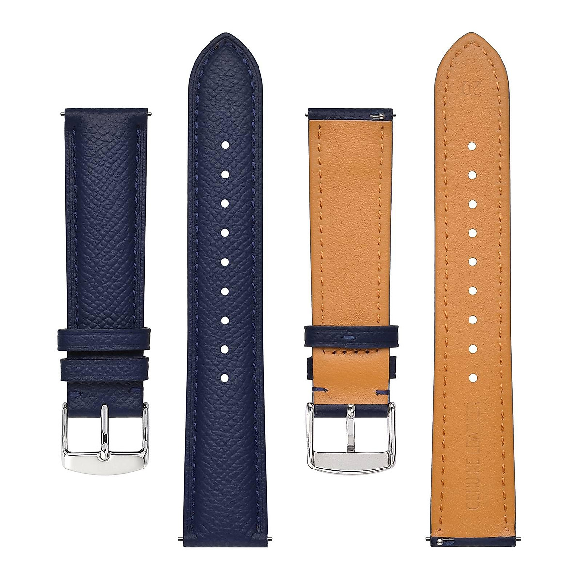 BISONSTRAP Texture Leather Watch Straps for Women and Men, Watch Replacement Bands with Quick Release, 20mm, Dark Blue, Silver Buckle