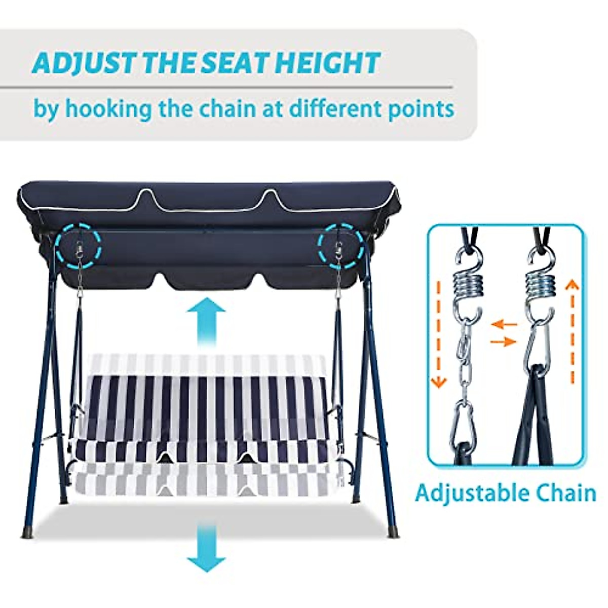 SUPERJARE Porch Swing with Adjustable Height Chain, 70’’ Convertiable Canopy Outdoor Swing, 3 Person Patio Swing, Outside Swing Chair for Yard, Garden, Poolside - Blue and White