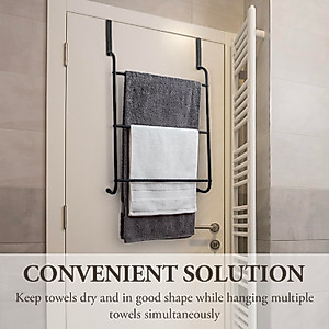 MyGift 3 Tier Modern Matte Black Metal Over The Door Bath Towel Hanger Holder, Bathroom Laundry Room Hanging Triple Bar Drying Rack for Clothing and Towels