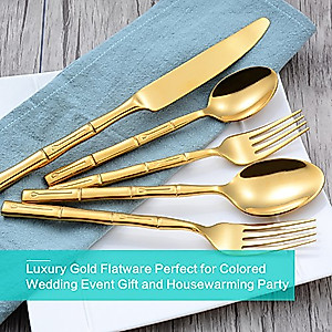 Flatasy Flatware Set Gold Silverware Set with Bamboo Pattern Mirror Polished 20 Pieces Cutlery Set Housewarming Wedding Gift Service for 4