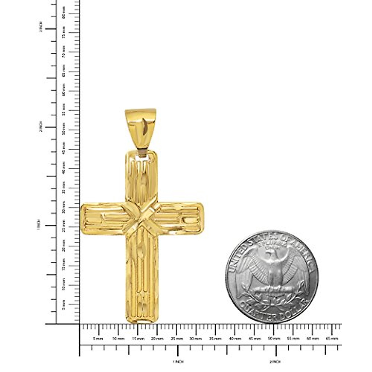 The Bling Factory Large 32mm x 45mm 14k Gold Plated Striated Textured Cross Pendant,