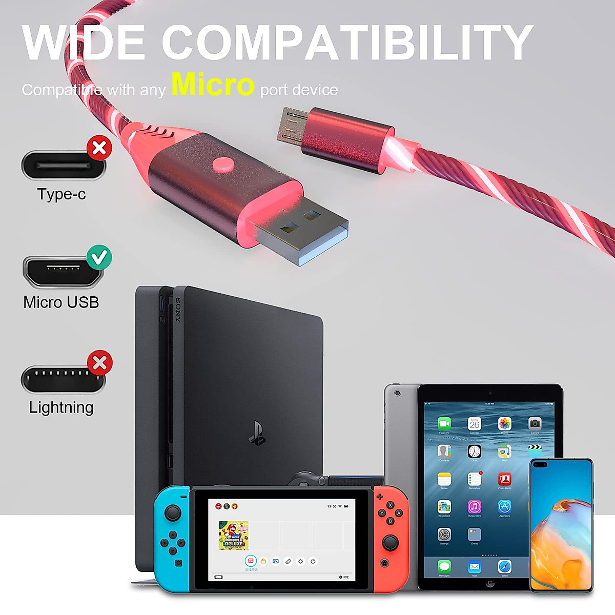 LED Micro USB Cable with Switch Compatible with Samsung Galaxy S7 Edge S6 S5 S2 J7 J7V J5 J3 J3V J2, LG K40 K20, Fire Tablet, PS4, Xbox, Kindle Micro USB Charging Cord (Red,5ft)