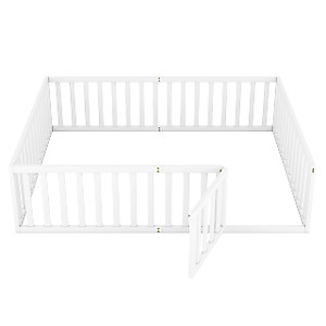 Luxo Abode Multifunctional Queen Size Floor Bed with Safety Guardrails and Door, Montessori Sturdy Solid Wood Beds Frame, Easy Assembly and No Spring Need, for Boys and Girls Room, White