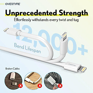 Overtime iPhone Lightning Cable, MFI Certified, Portable & Smart USB-C to Lightning Charging Cable, Fast Apple Charging Cord, 6ft iPhone Charger Cord Compatible with iPhone | iPad | iPod - White