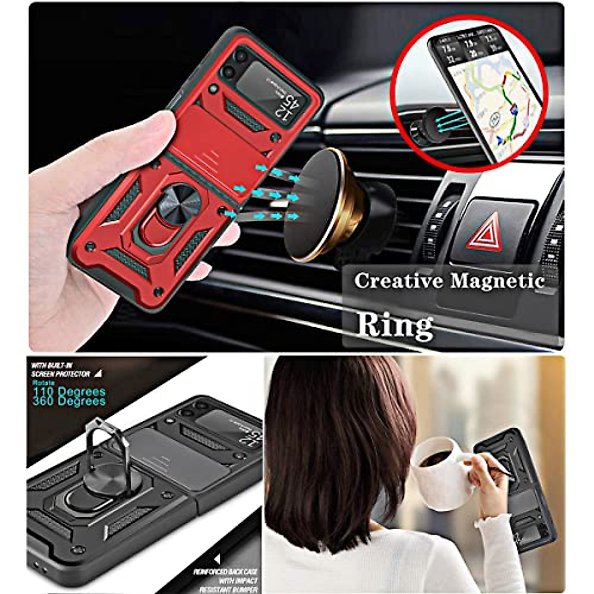 ONOLA for Galaxy Z Flip 3 Case with Slide Camera Cover, with 360°Rotate Ring Magnetic Kickstand Military Heavy Duty Protective Case for Samsung Galaxy Z Flip 3 5G (Red)