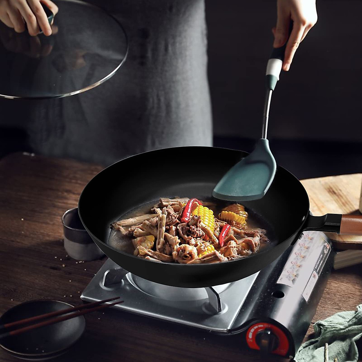 vivicreate Carbon Steel Wok Pan, 9 Piece Woks & Stir-Fry Pans Set with Spatula, No Chemical Coated Flat Bottom Chinese Pan for Induction, Electric, Gas, suitable All Stoves - 12.5''